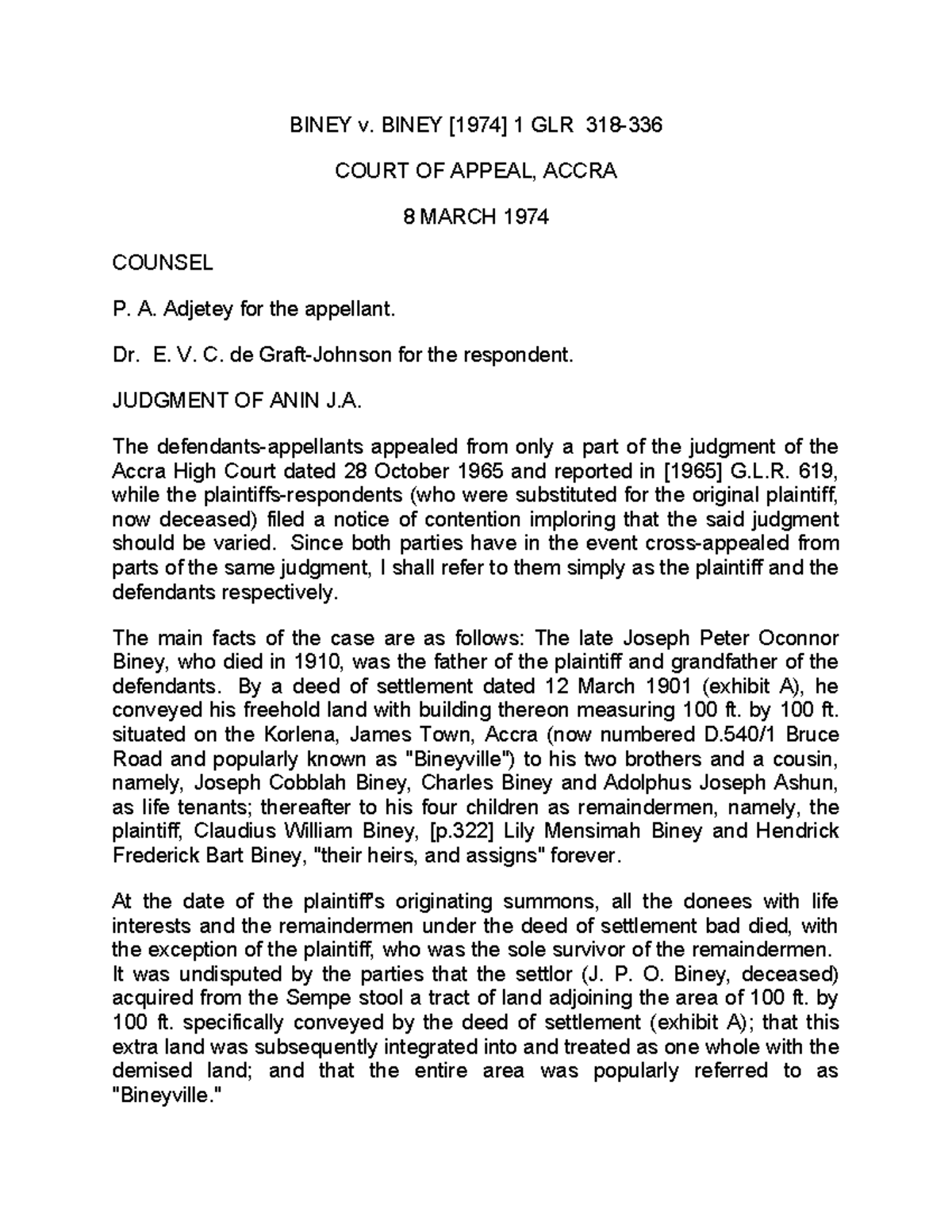 Biney v. Biney [1974] 1 GLR 318-336: Court of Appeal Judgment Analysis ...