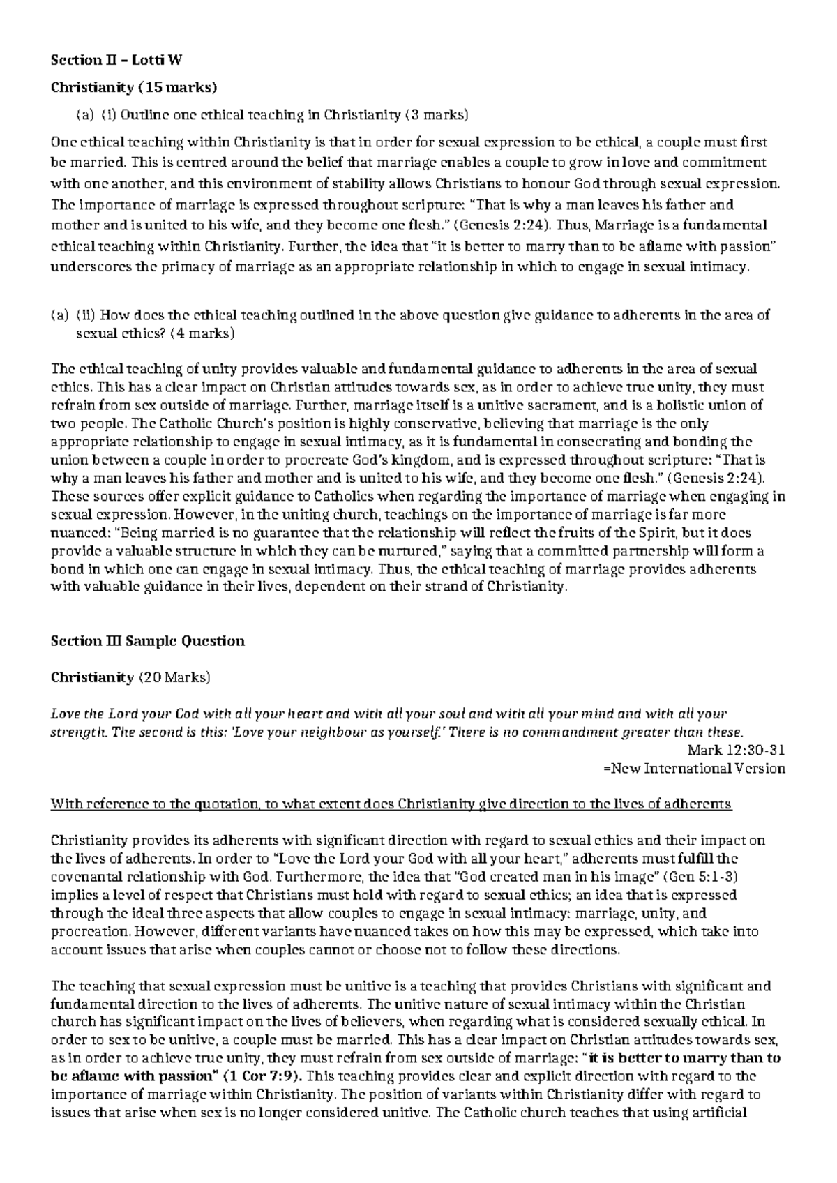 Christianity Ethics Section II: Marriage & Sexuality Guidance (15 Marks ...