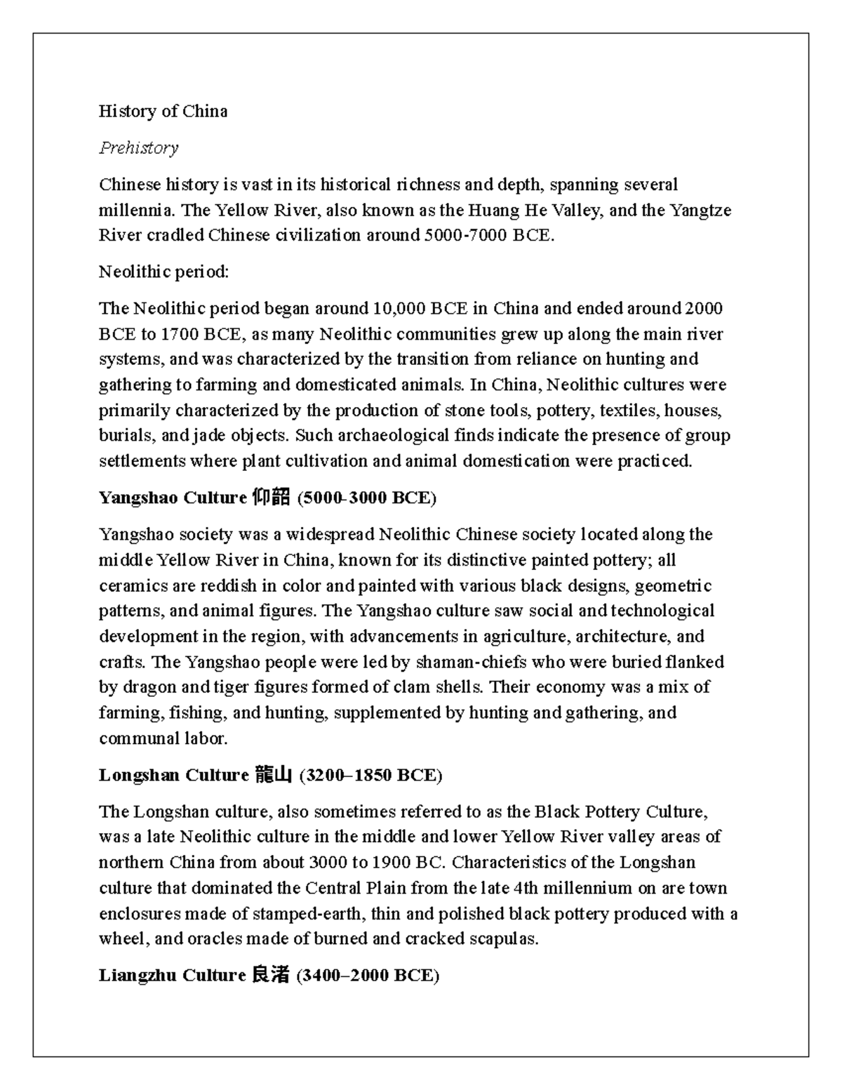 History of China: Prehistoric Cultures and Developments - Studocu