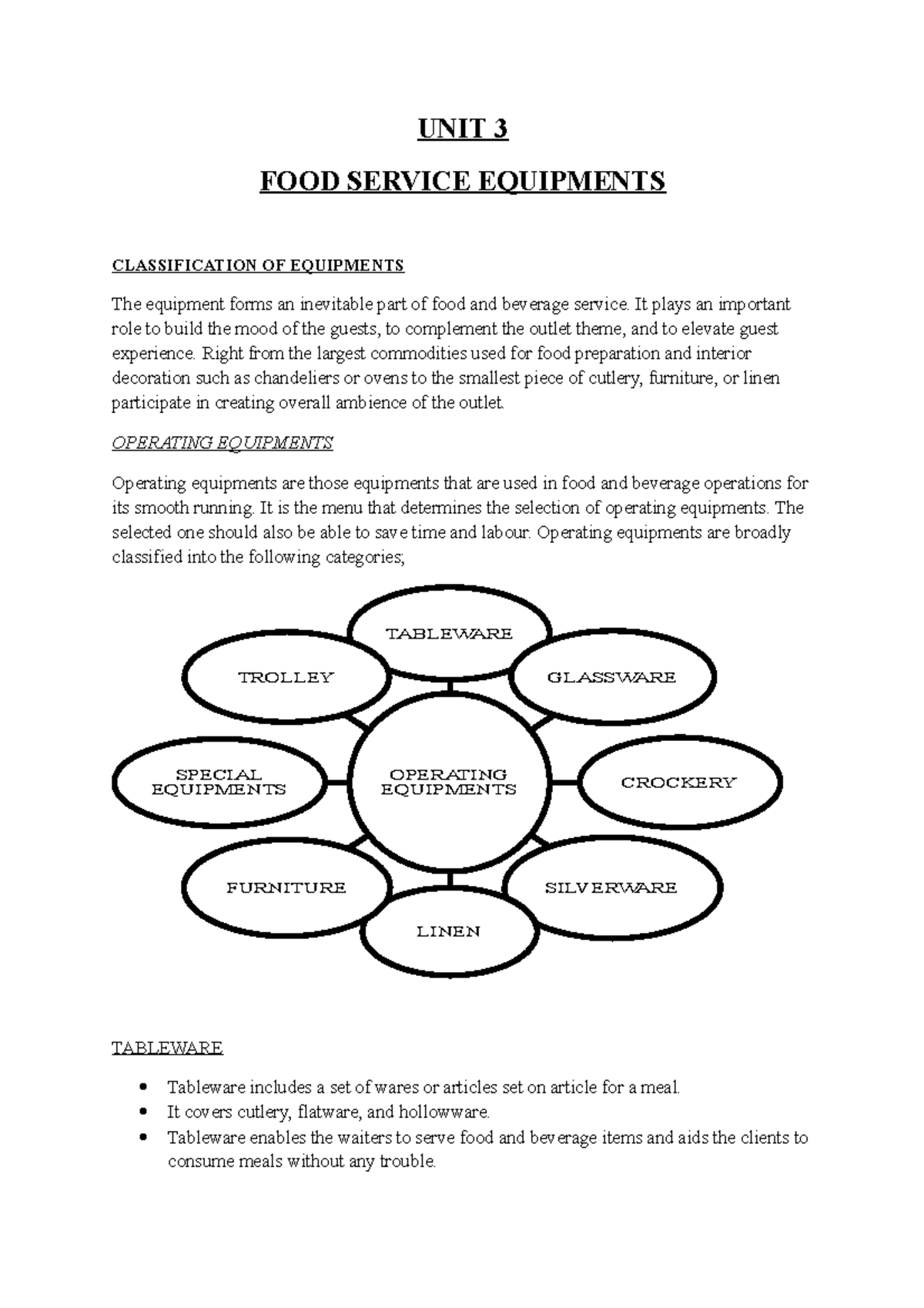 Lecture Notes: F&B Service Equipments - Unit 3 Overview - Studocu