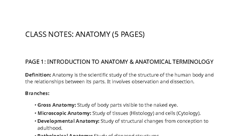 Anatomy Class Notes: Introduction, Skeletal & Cardiovascular Systems ...