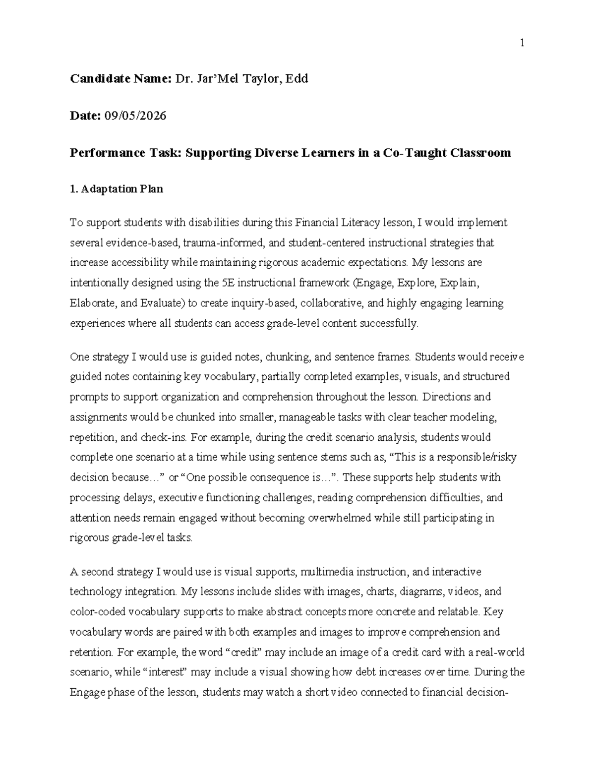 Dr. Jar’Mel Taylor - Performance Task: Supporting Diverse Learners in ...