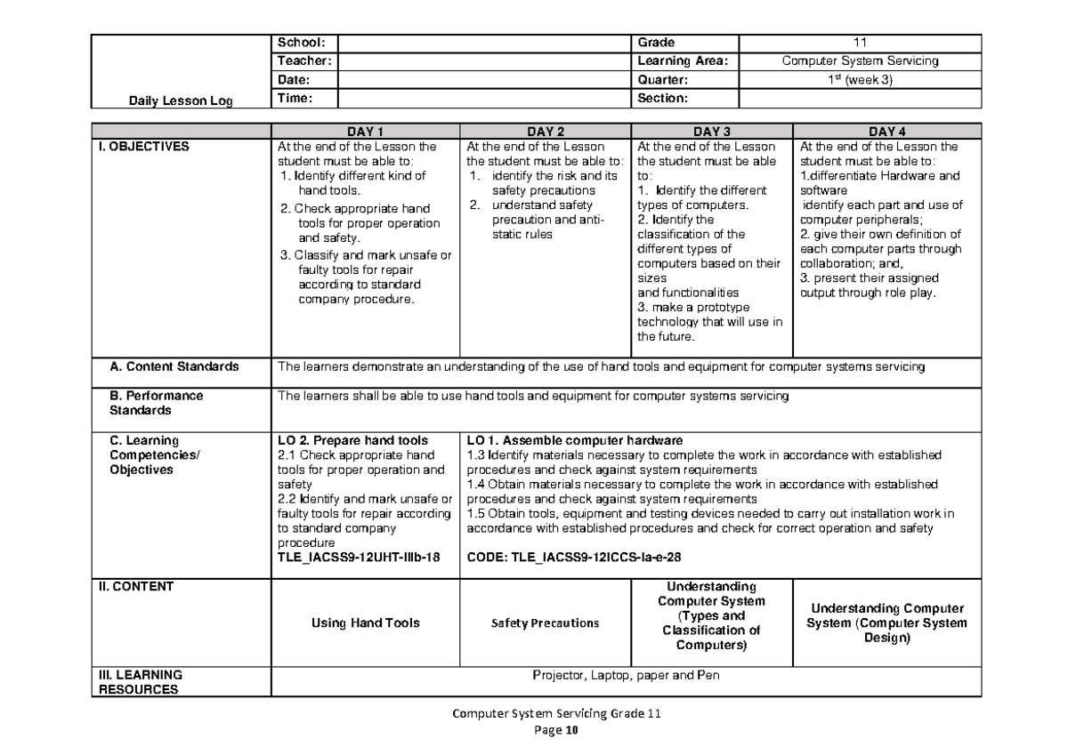 TLE_IACSS11 Week 3 Lesson Log: Hand Tools & Computer Systems - Studocu
