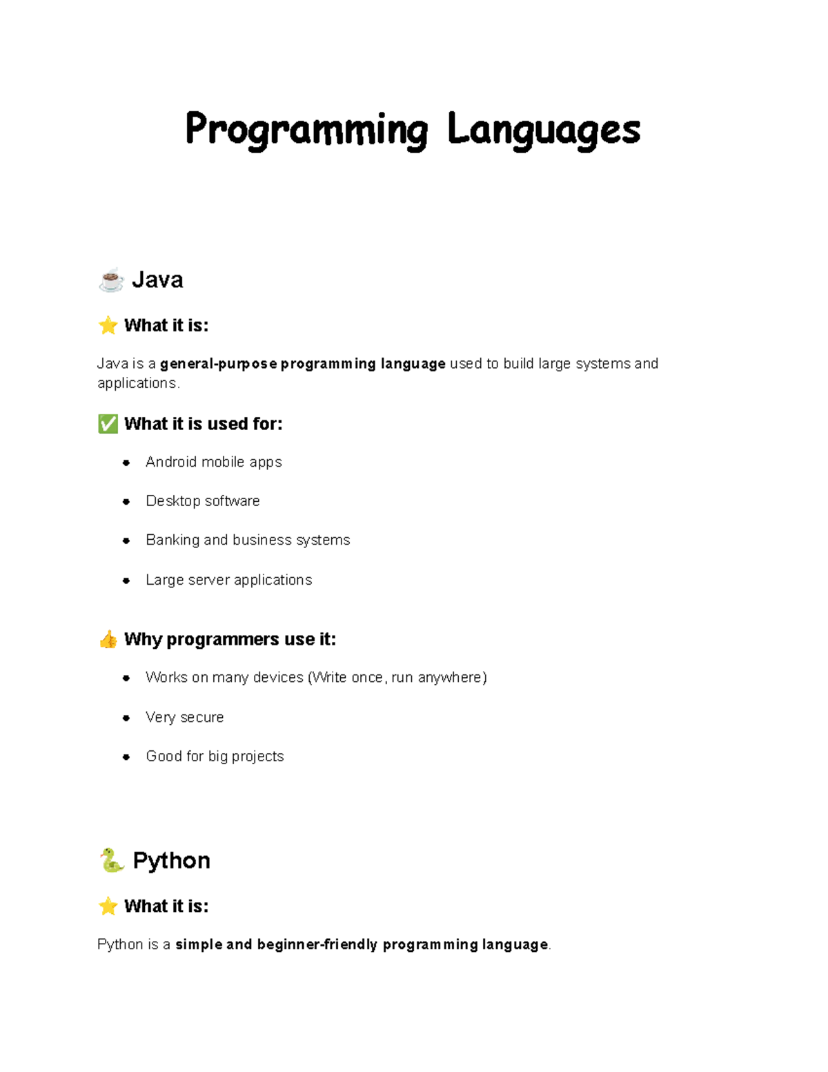 Programming Languages Overview: Java, Python, and HTML - Studocu