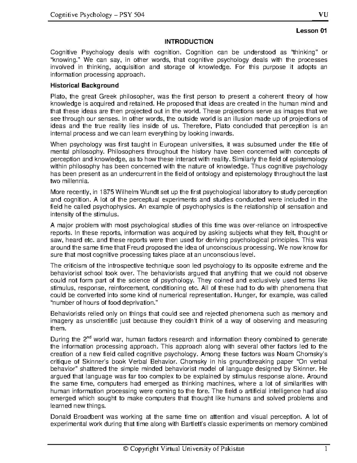 Cognitive Psychology PSY 504 VU Lesson 01: Introduction to Cognition ...