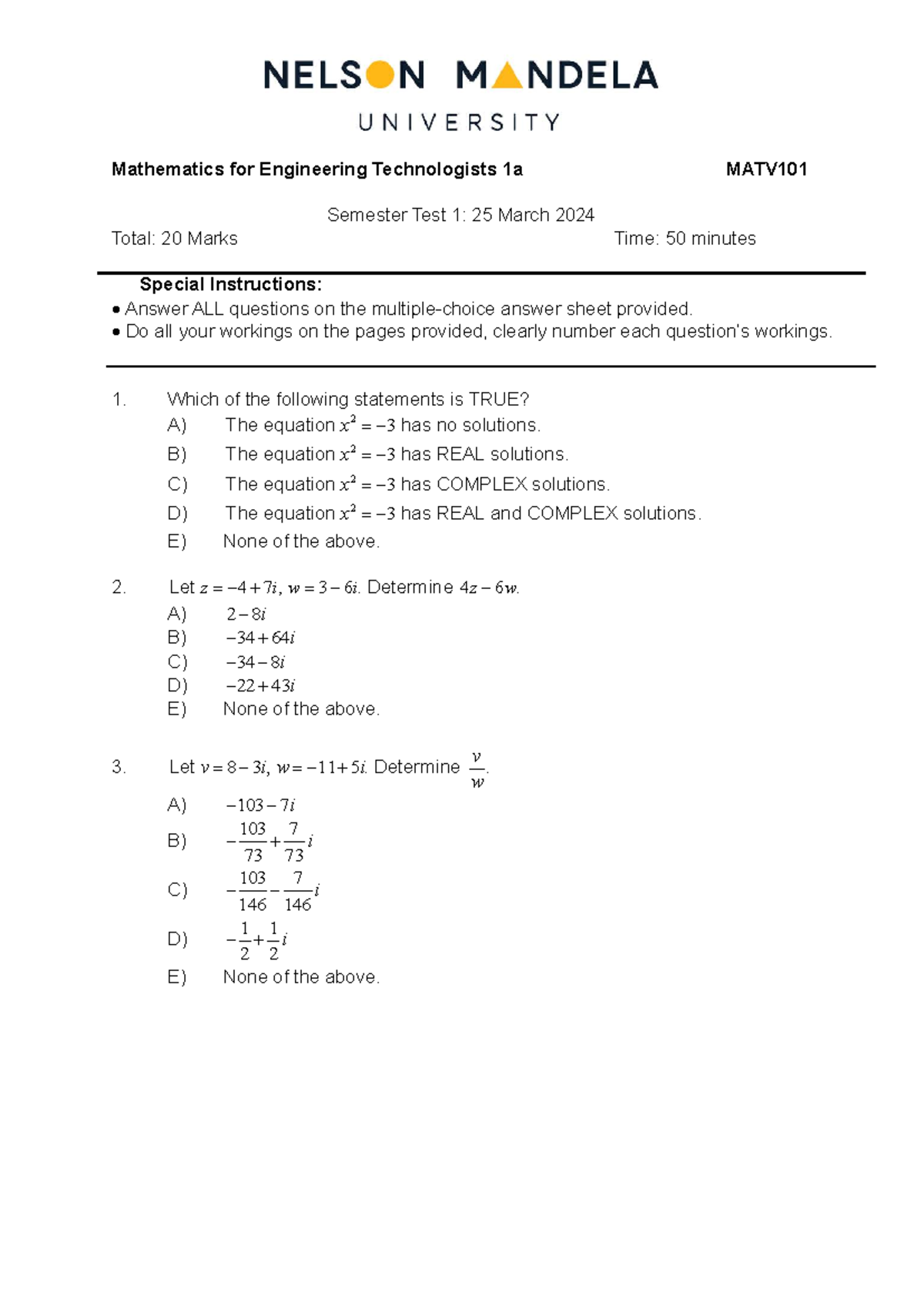 MATV101 Mathematics for Engineering Technologists 1a Test 1 (2024 ...