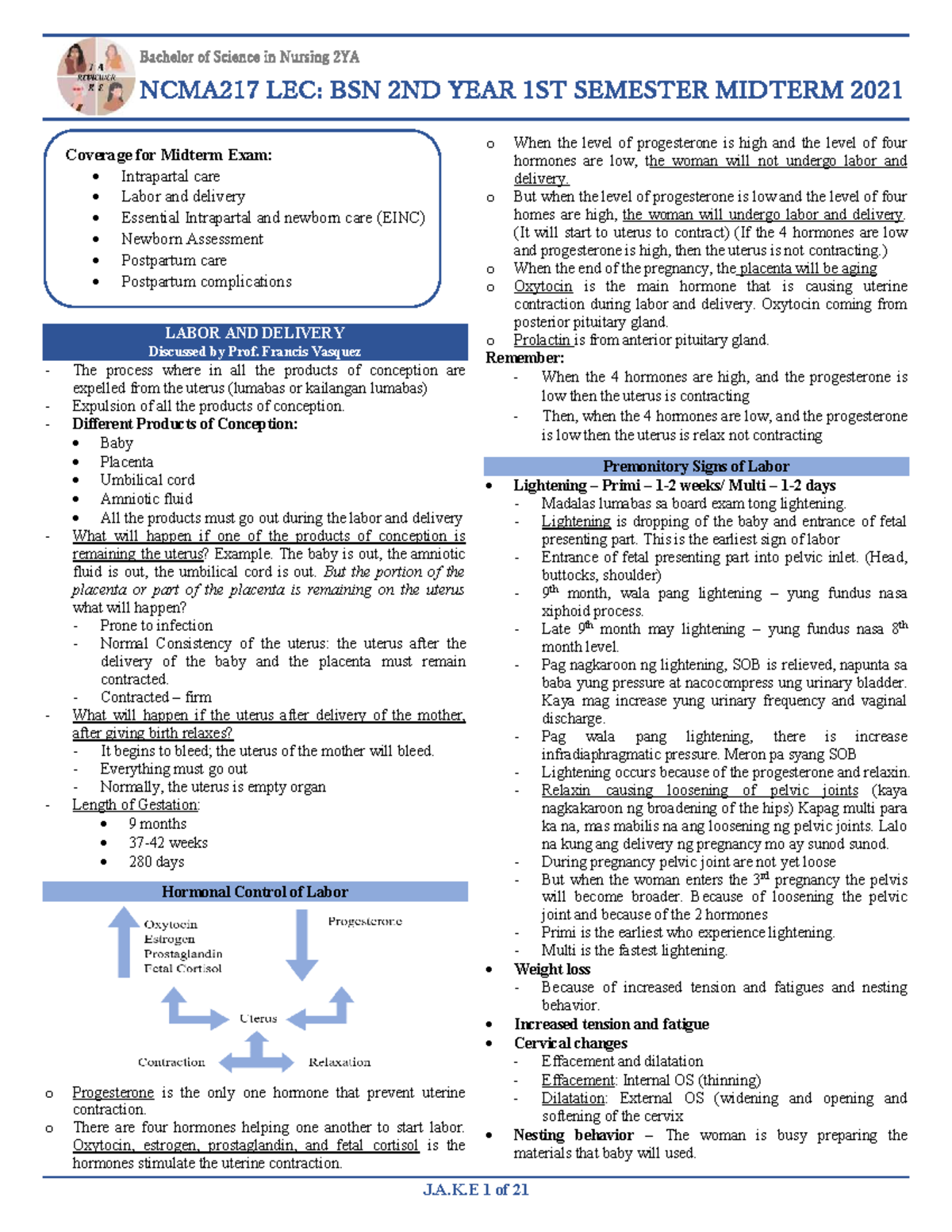 NCMA217 LEC: BSN 2ND YEAR 1ST SEMESTER MIDTERM 2021 Exam Coverage on Intrapartal - Studocu