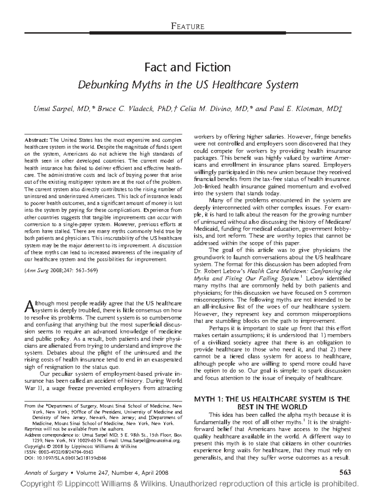 US Healthcare Myths: Fact vs. Fiction Analysis (Ann Surg) - Studocu