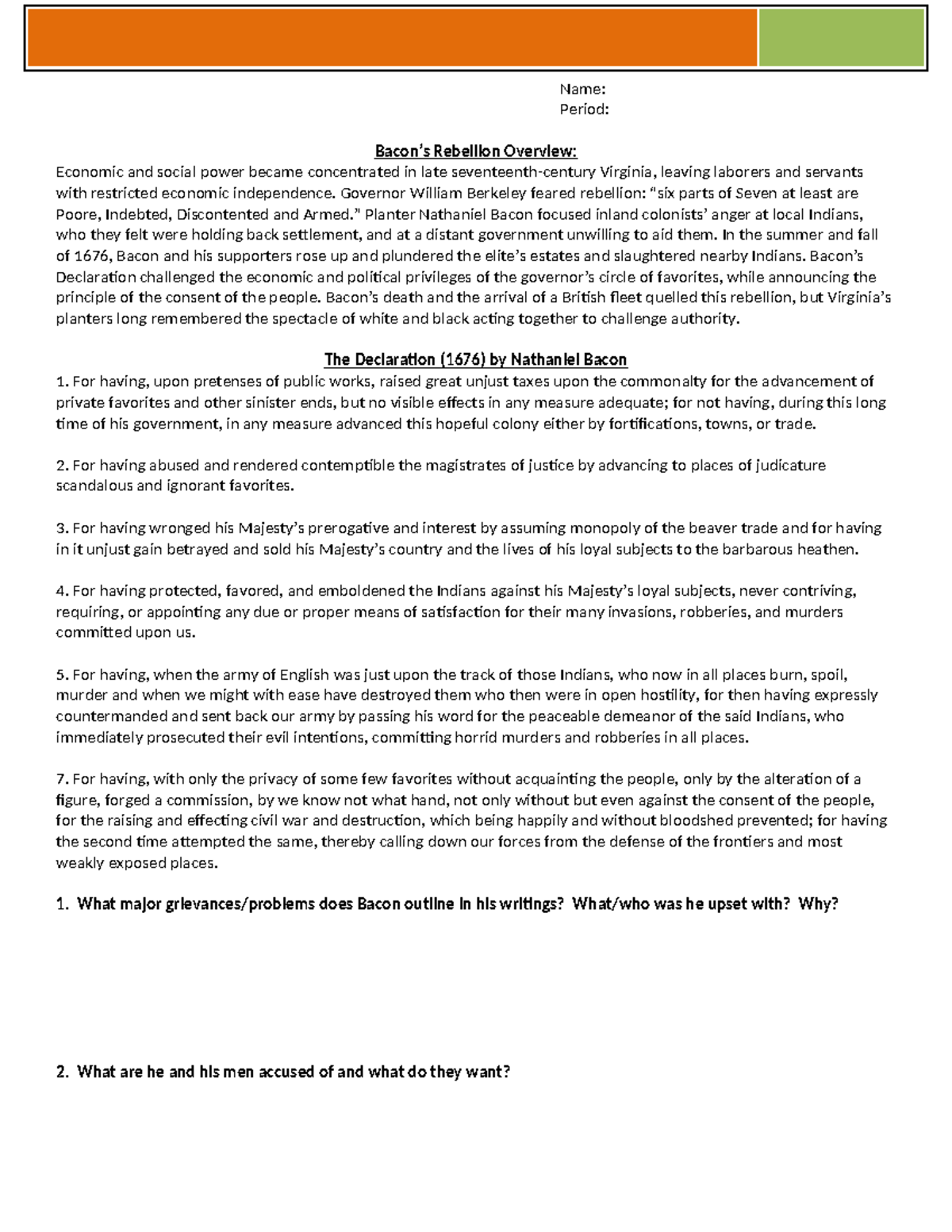 Bacon's Rebellion Manifesto (1676) - Overview and Analysis - Studocu