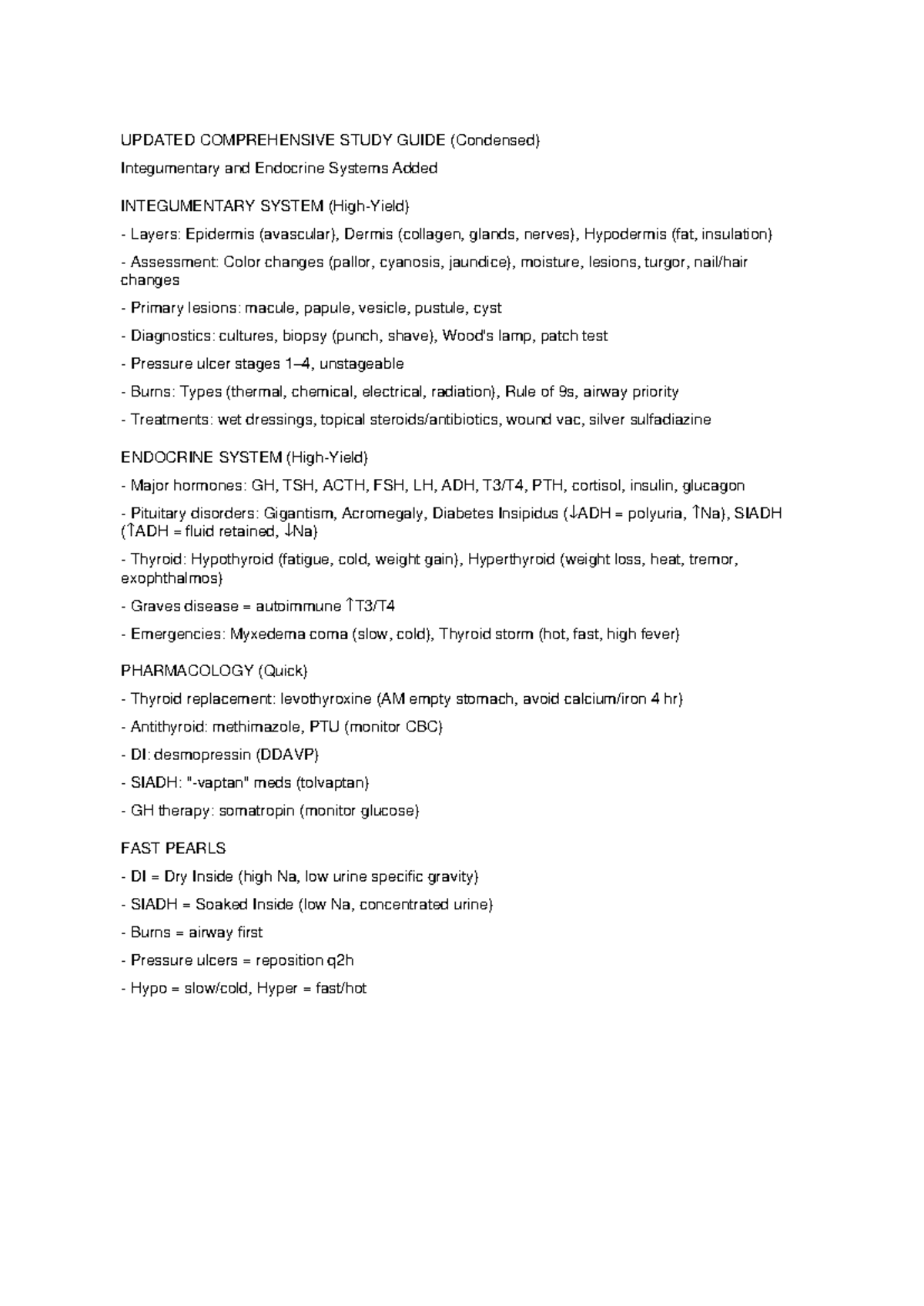 Updated Study Guide: Integumentary & Endocrine Systems (Condensed ...