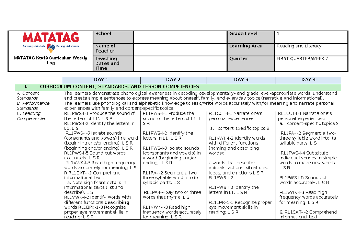 Q1- Reading and Lit- Week 7 Lesson Plan for Grade 1 - Studocu