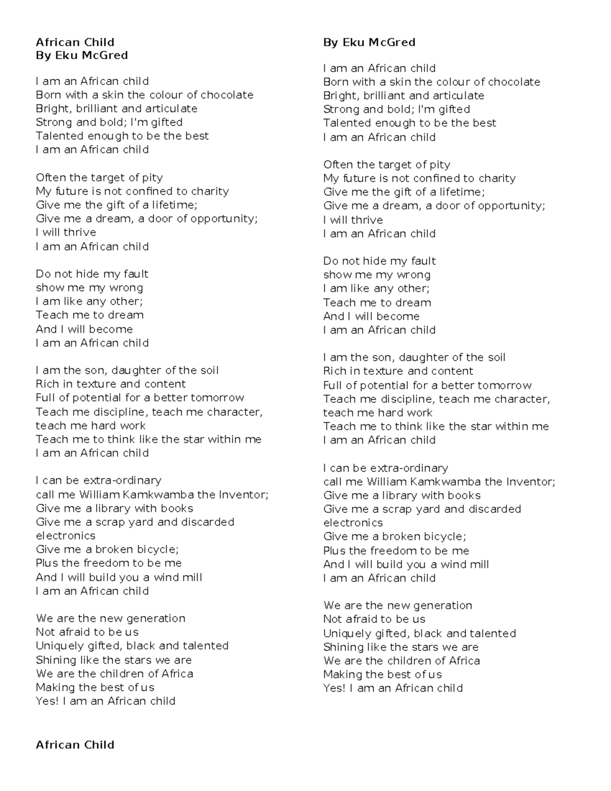 African Child Poem Analysis - AFRO-ASIAN LITERATURE - Studocu