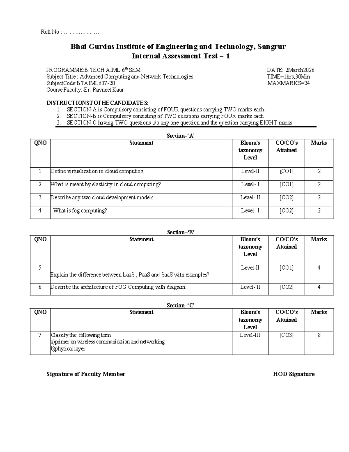 AIML 6th Sem - Internal Assessment Test 1: Advanced Computing ...