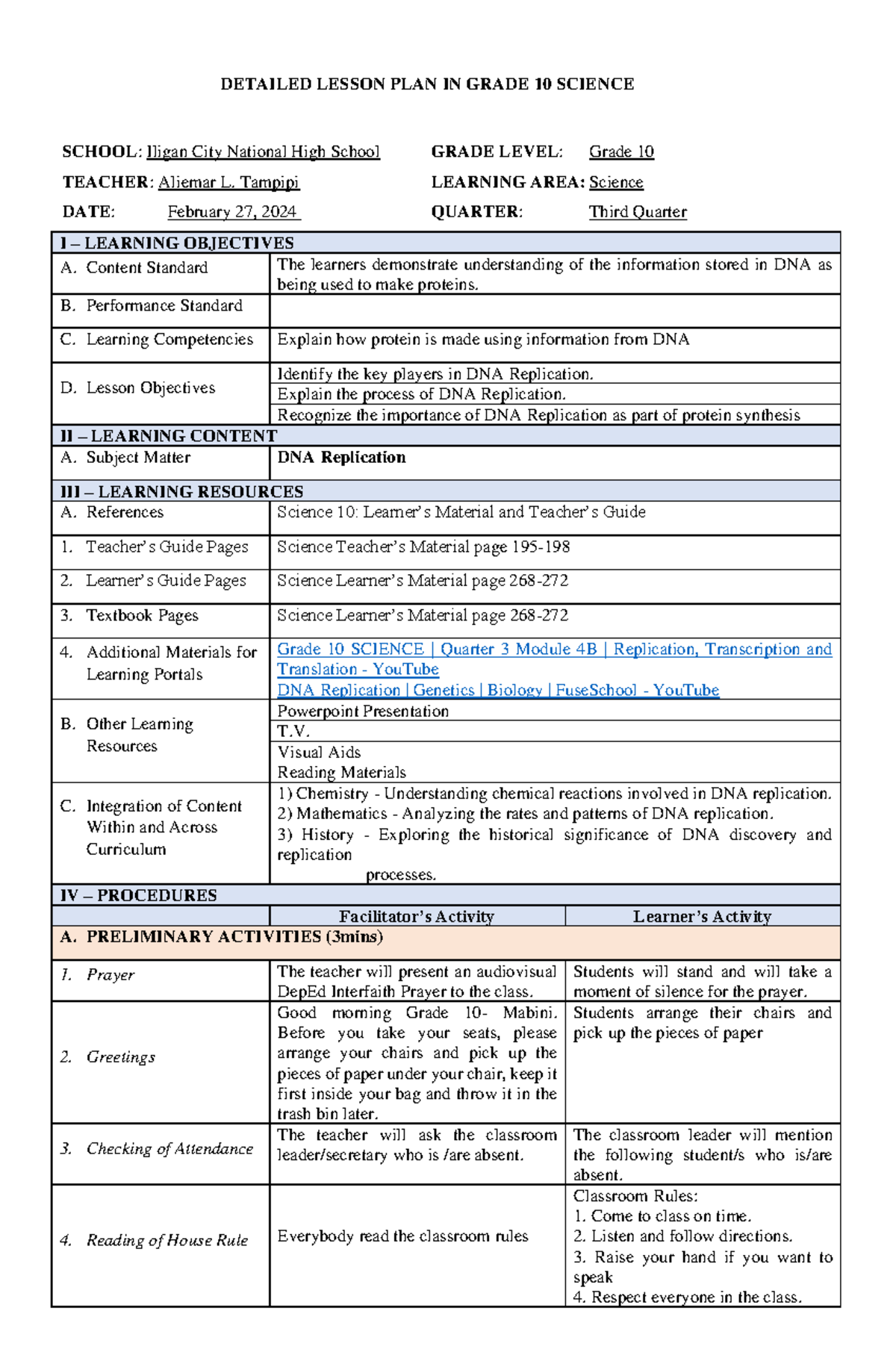 DNA Replication Lesson Plan for Grade 10 Science (Q3) - Studocu