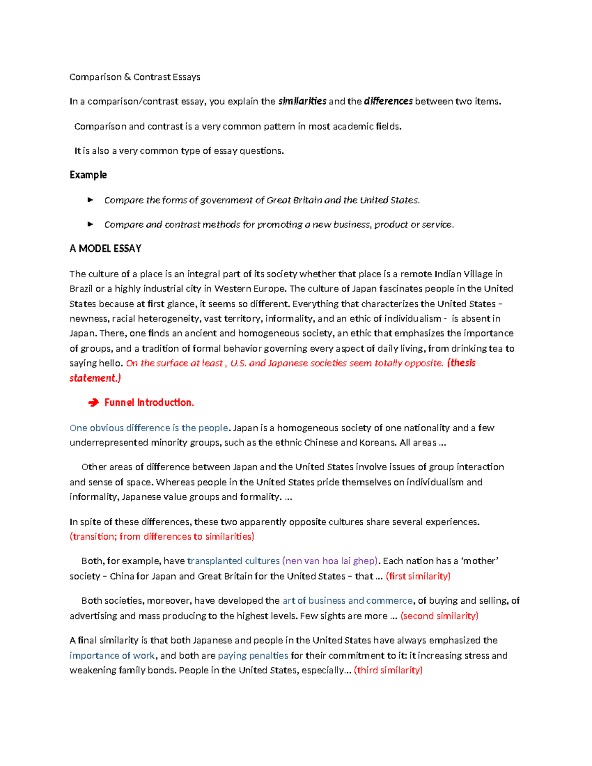 Comparison and Contrast Essays: Analyzing U.S. and Japan Cultures - Studocu
