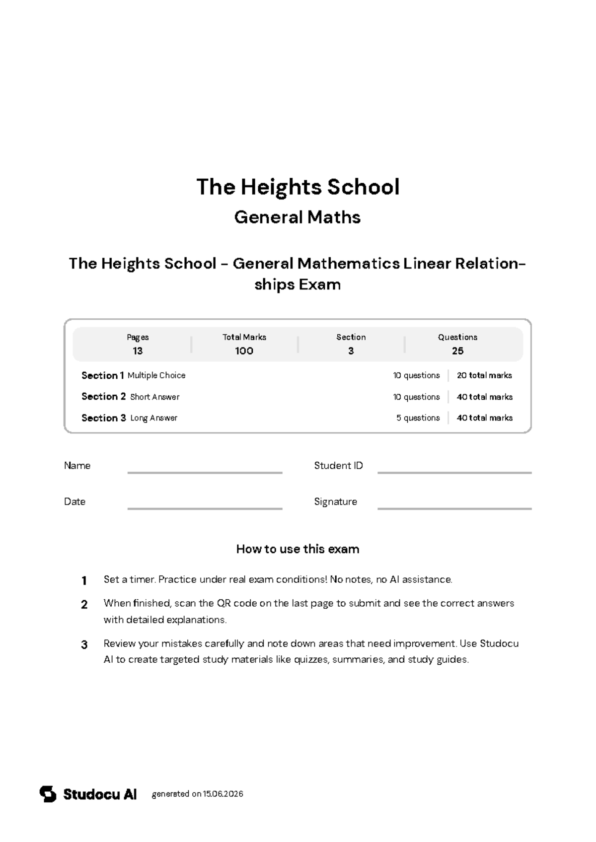 The Heights School - General Mathematics Linear Relationships Exam ...