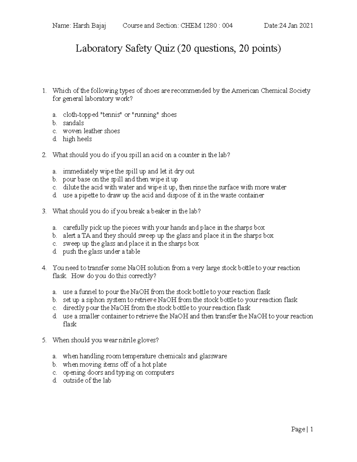 Laboratory Safety Quiz (online) - Laboratory Safety Quiz (20 questions ...