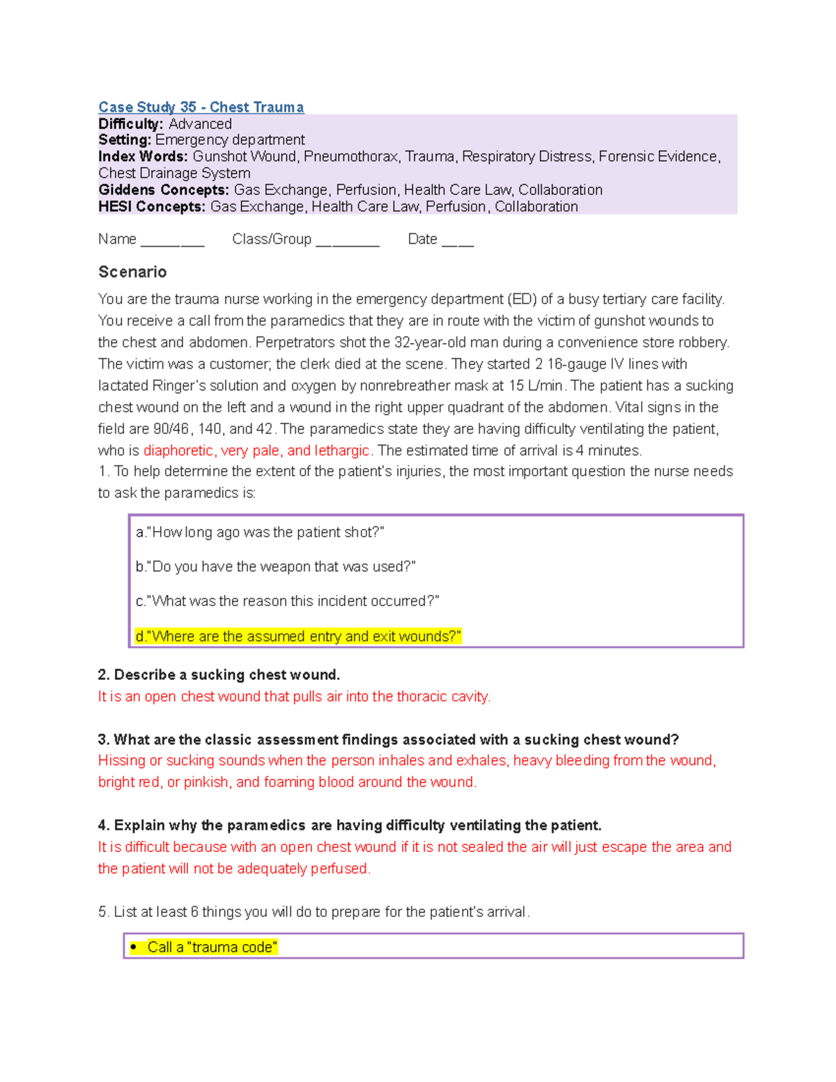 Advanced Case Study: Chest Trauma Management in ED (NUR 350) - Studocu