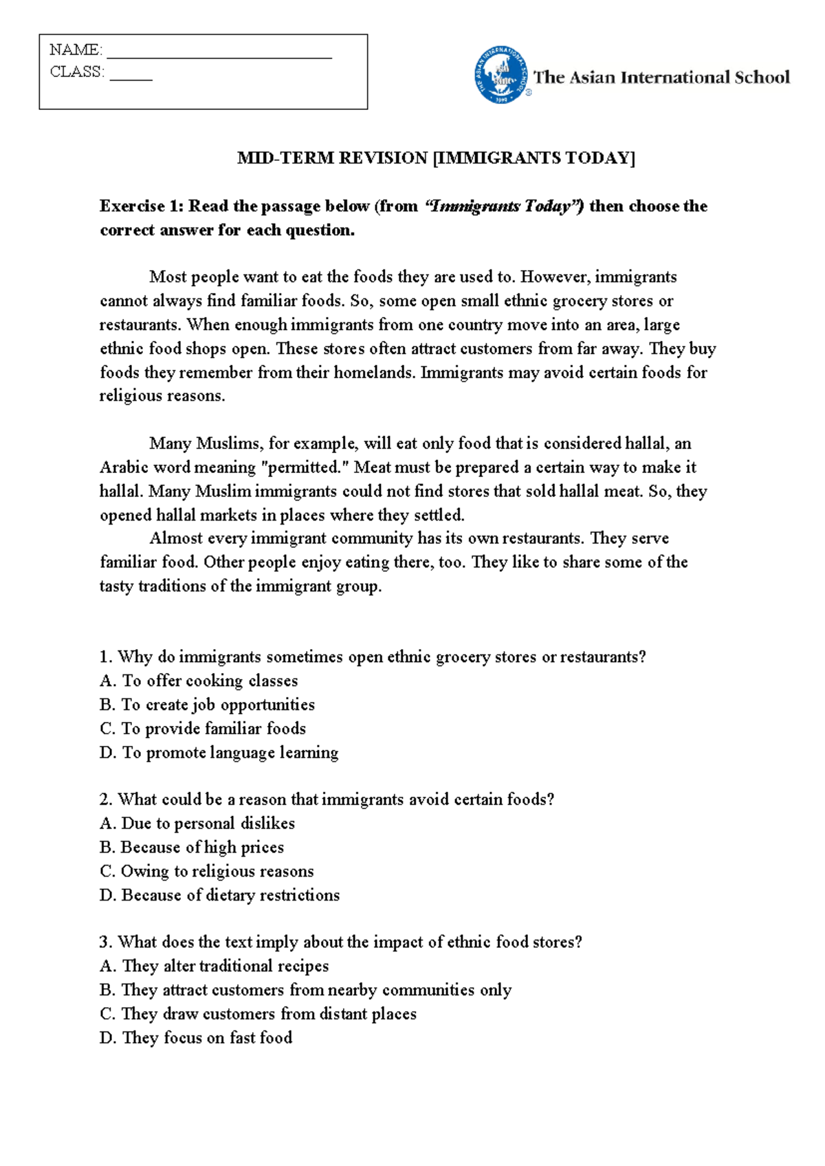 Reading Test Revision - HOMEWORK - MID-TERM REVISION [IMMIGRANTS TODAY ...