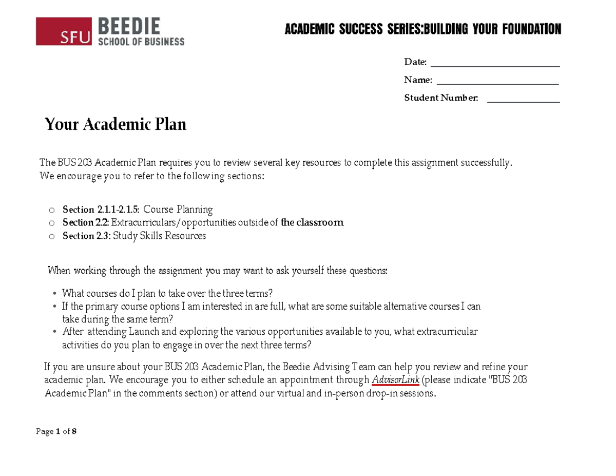 BUS 203 Academic Plan Assignment: Course & Experience Planning - Studocu