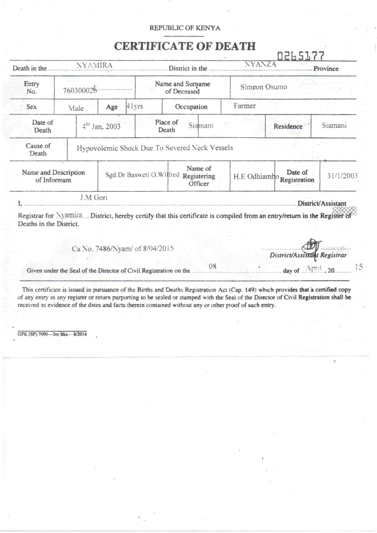 REPUBLIC OF KENYA DEATH CERTIFICATE 0265177 - SIMEON OSUMO - Studocu