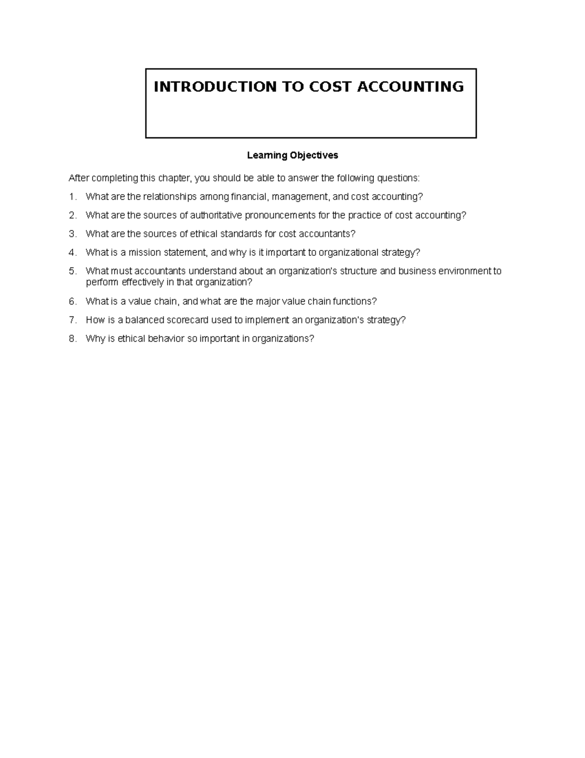 Introduction to Cost Accounting: Key Concepts and Learning Outcomes ...