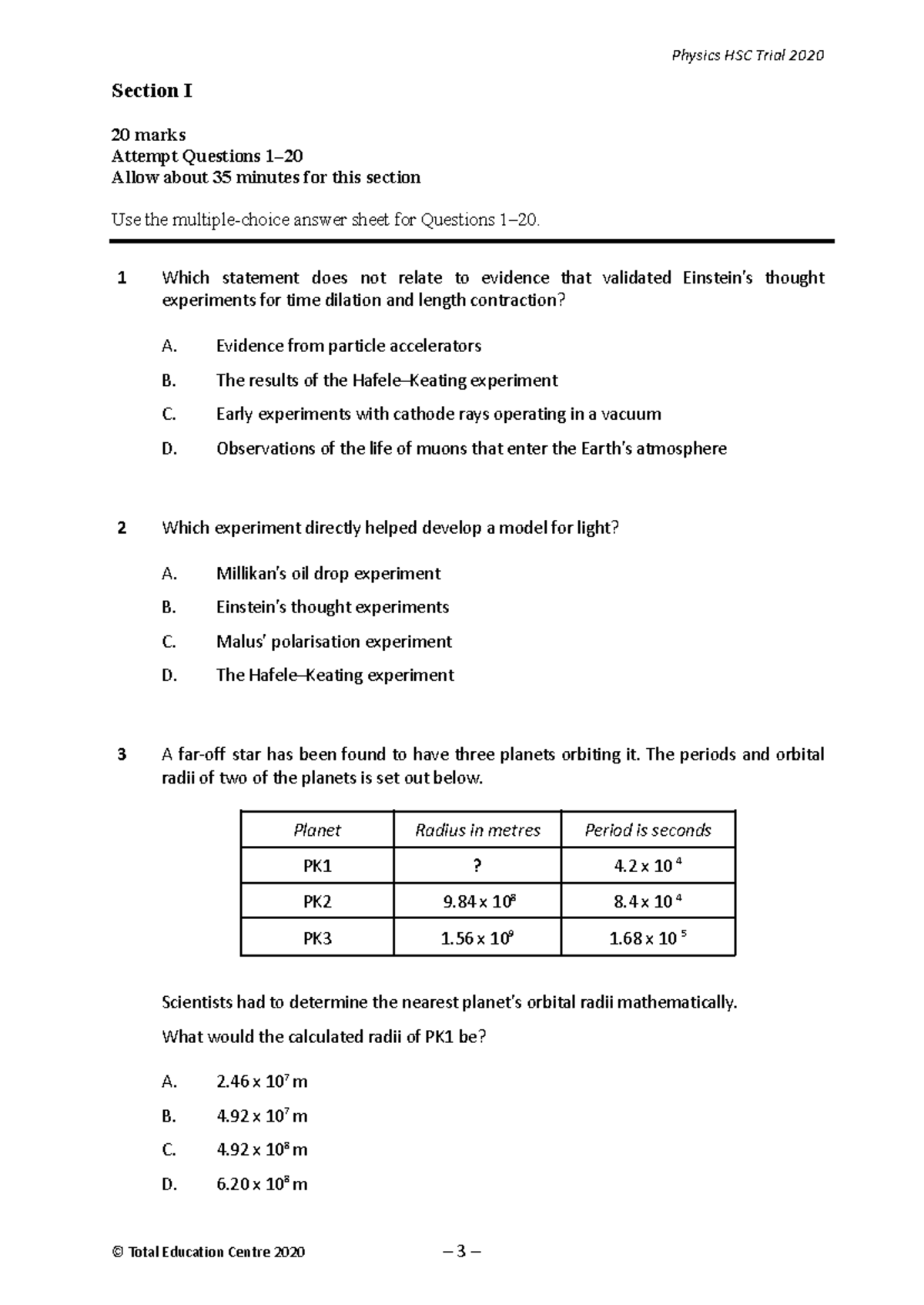 Physics HSC Trial 2020 - Section I Questions and Marking Guide - Studocu