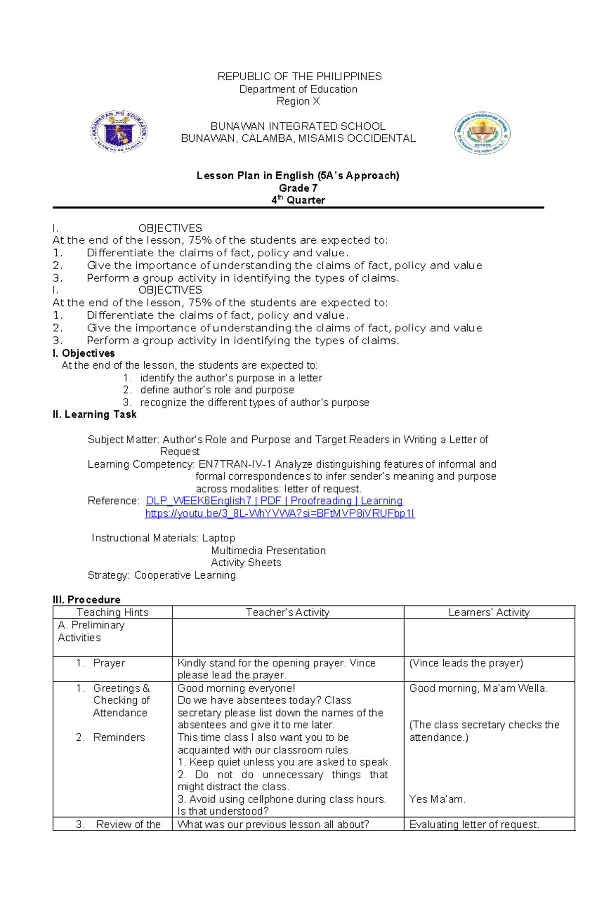 Grade 7 English DLL: Lesson Plan on Writing Letters of Request - Studocu