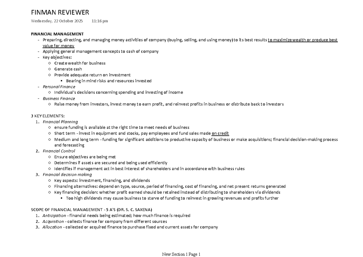 FINMAN 101: Financial Management Introduction & Key Concepts Notes ...
