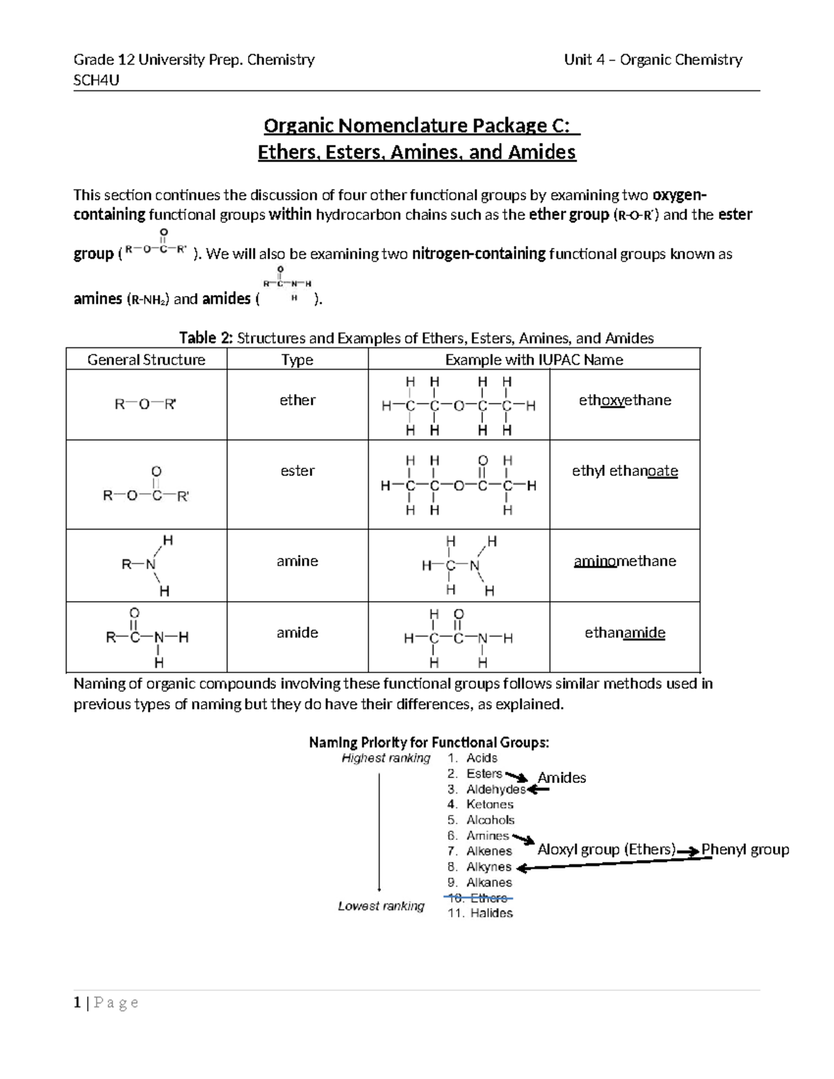 Grade 12 University Prep. Chemistry SCH4U Unit 4 Organic Nomenclature ...