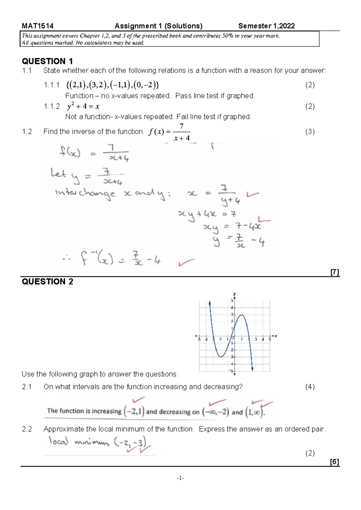 MAT1514 Assignment 1 Solutions - Functions and Graphs Explained - Studocu