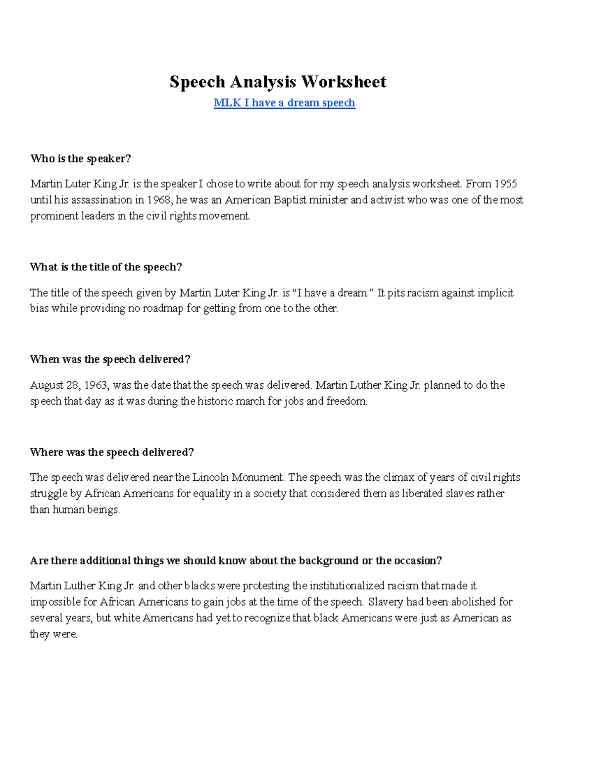 MLK 1963 Speech Persuasive Techniques Analysis Worksheet - Studocu