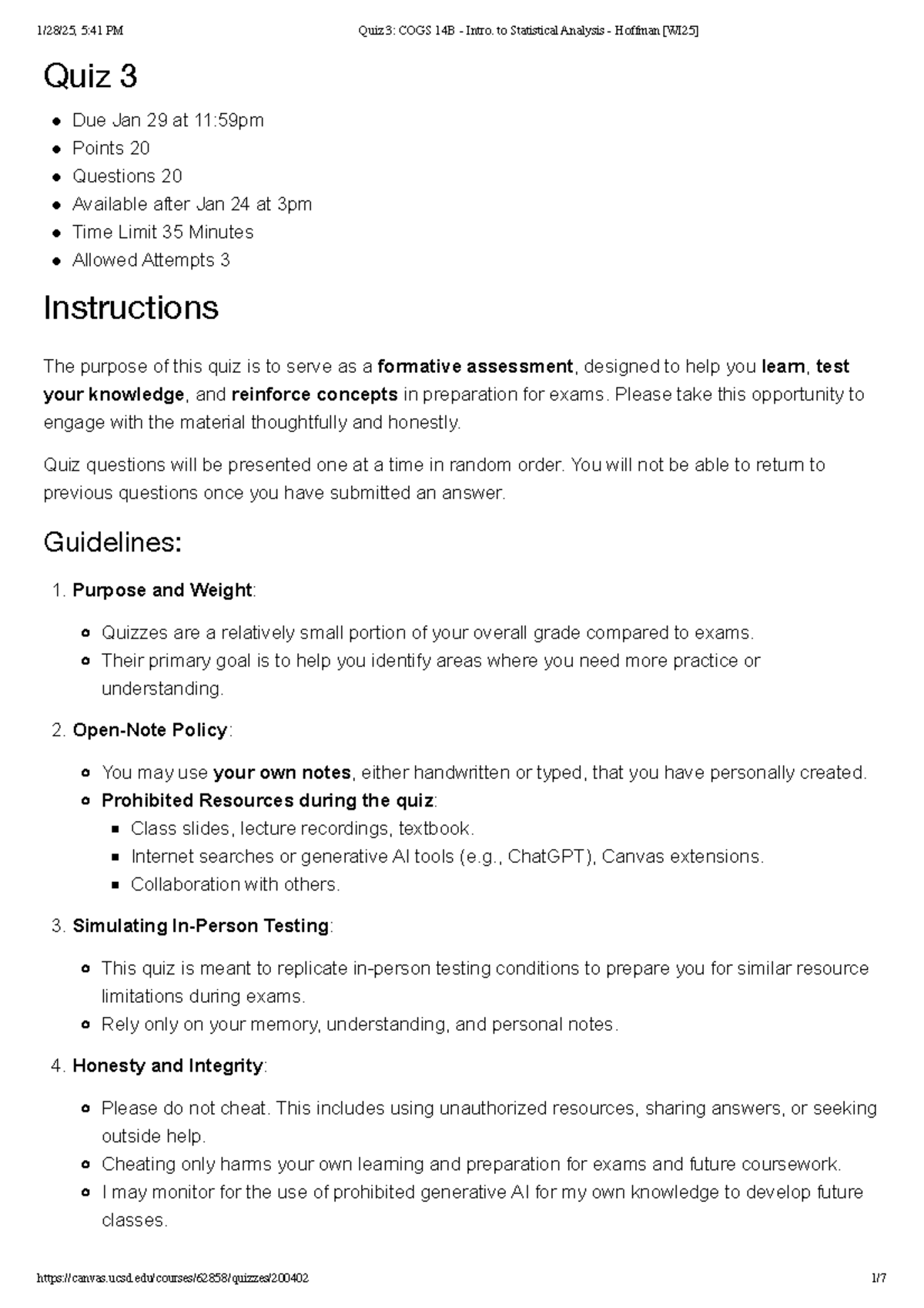 Quiz 3: COGS 14B - Intro. to Statistical Analysis - Hoffman [WI25] - Studocu