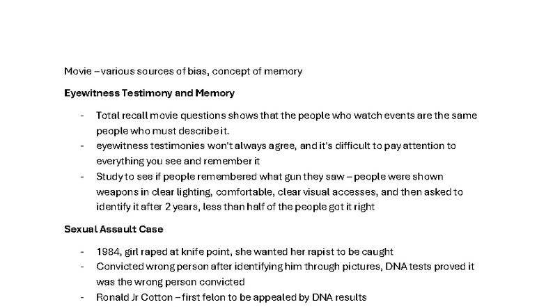 Psych and Law - Oct 23: Eyewitness Testimony & Memory Bias Analysis ...