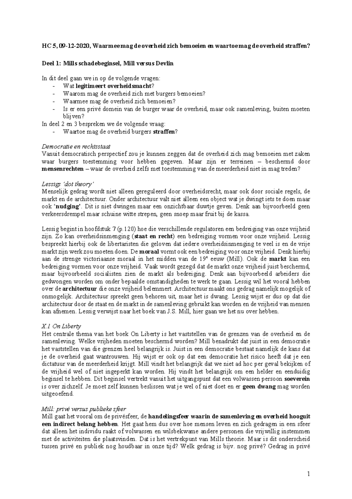 HC 5: Overheidsbemoeienis en Strafrecht - Mill vs. Devlin - Studocu