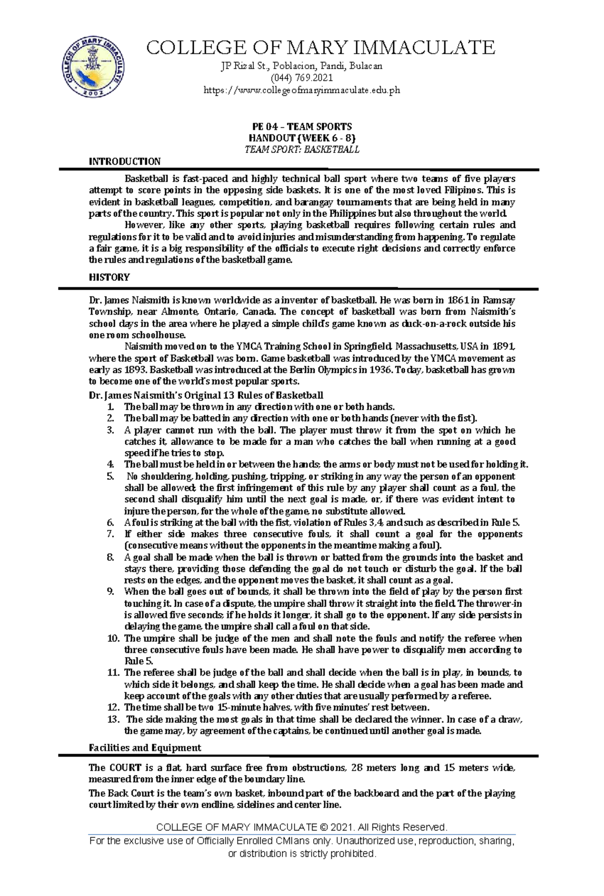 PE 04 Team Sports Handout: Basketball Overview and Rules - Studocu