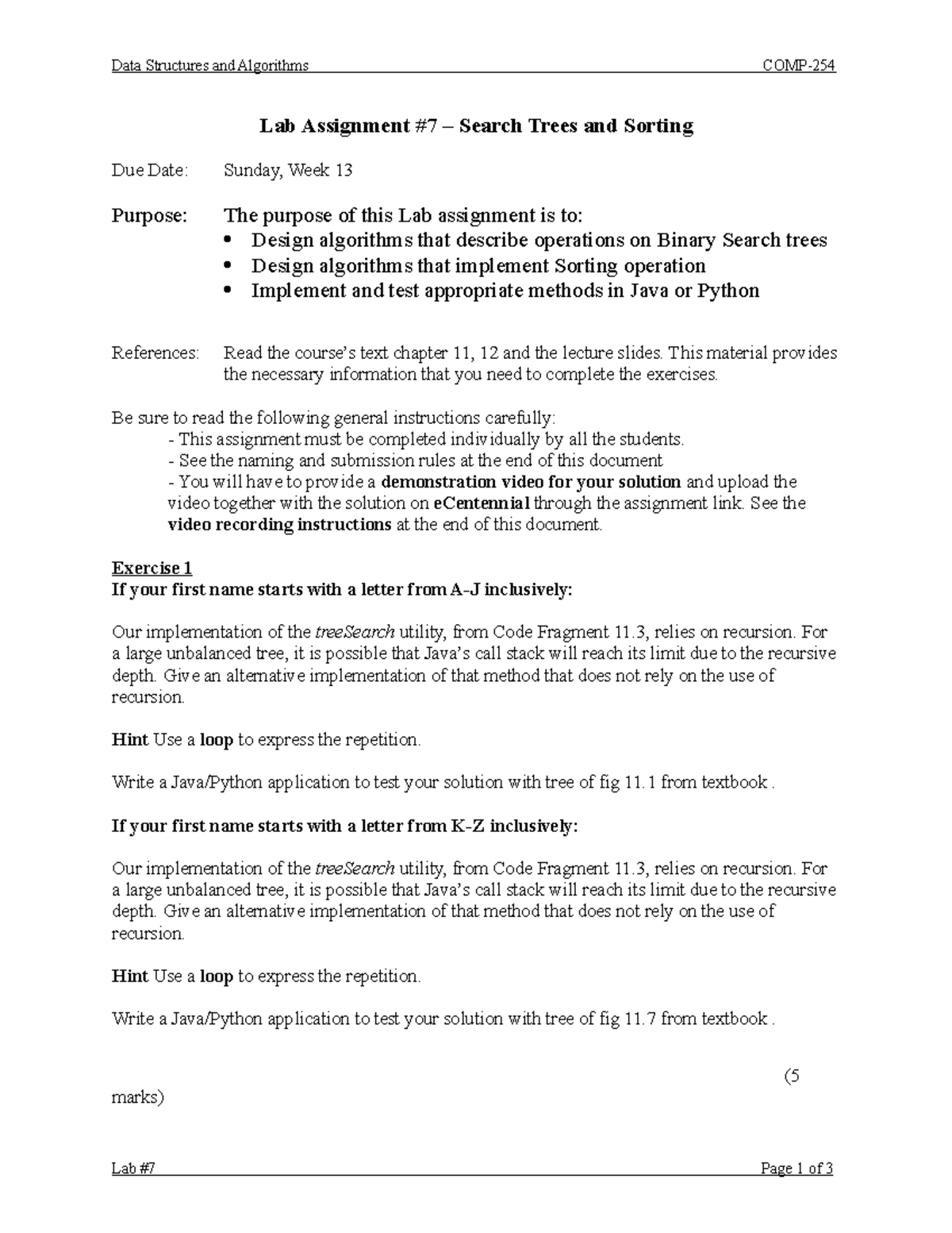 Lab Assignment 7 M21 - Data Structures and Algorithms COMP- Lab Assignment #7 – Search Trees and ...
