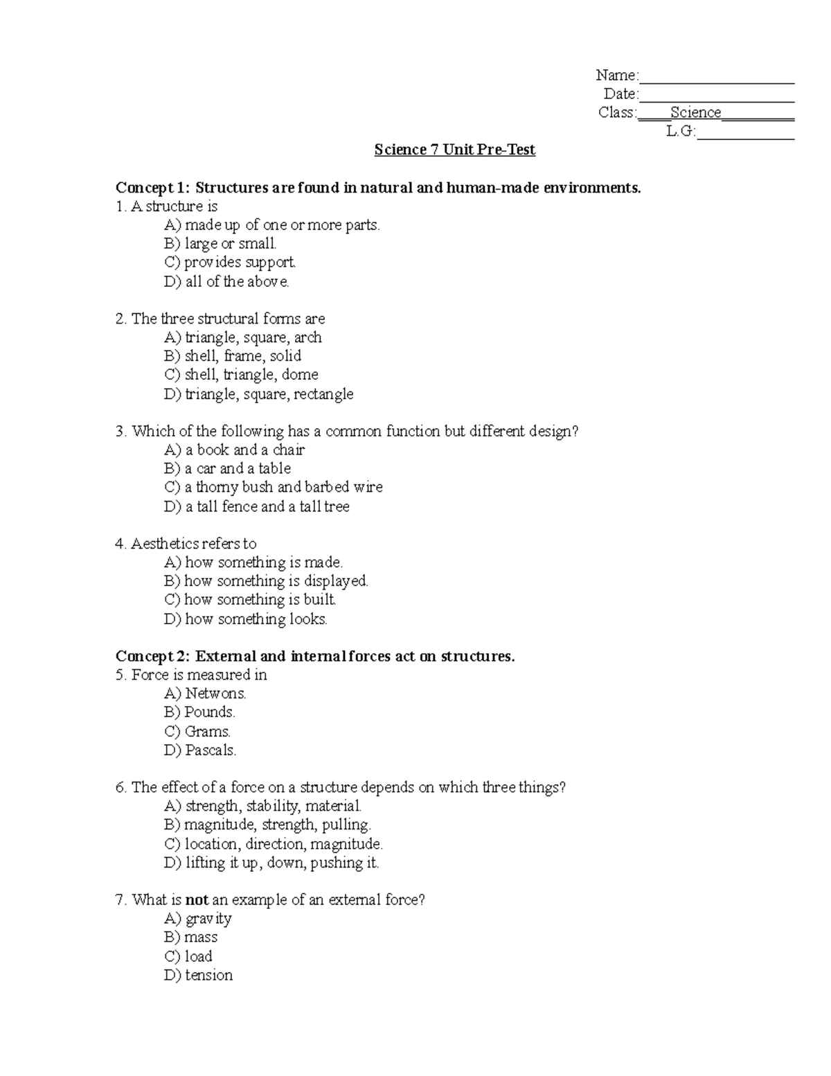 Sci 7 - Structures and Forces Pre-Test Review Guide - Studeersnel