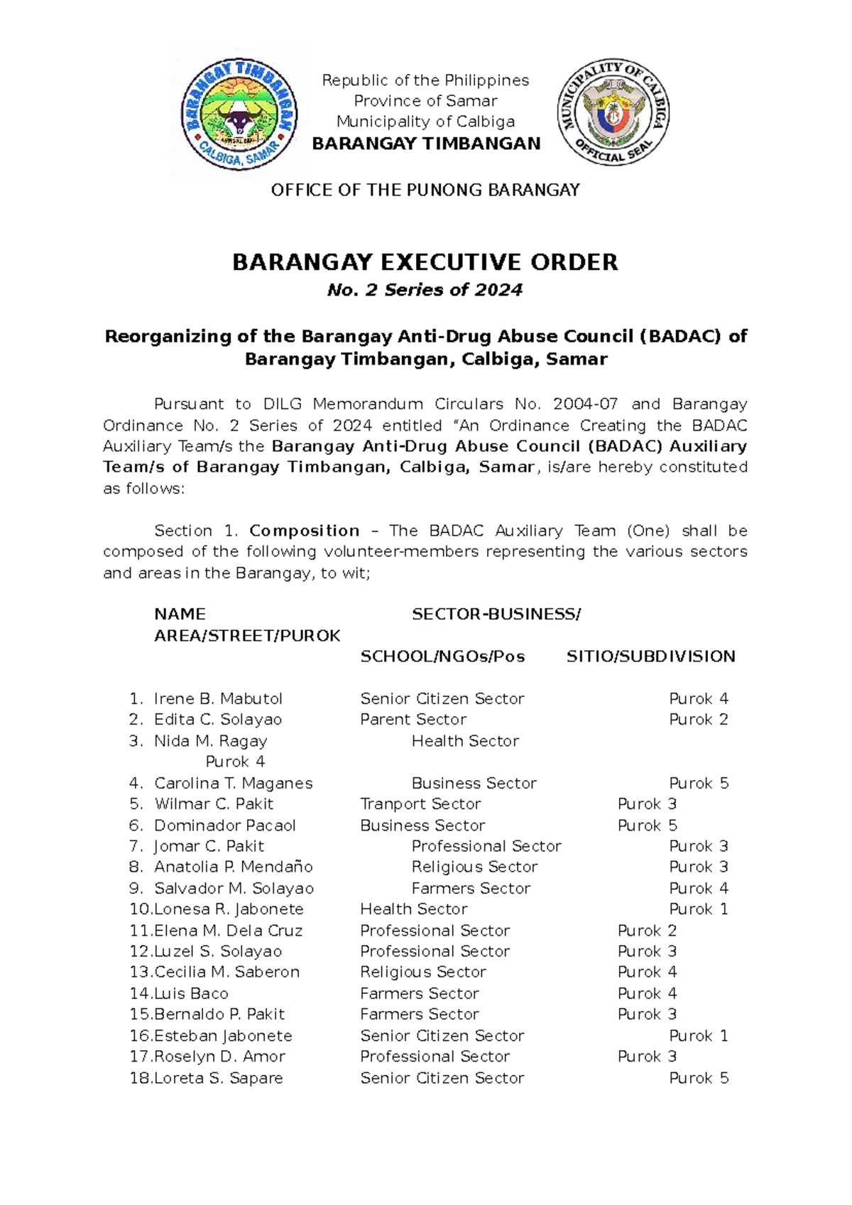 Barangay Executive Order No. 2: Reorganizing BADAC 2024 - Studocu