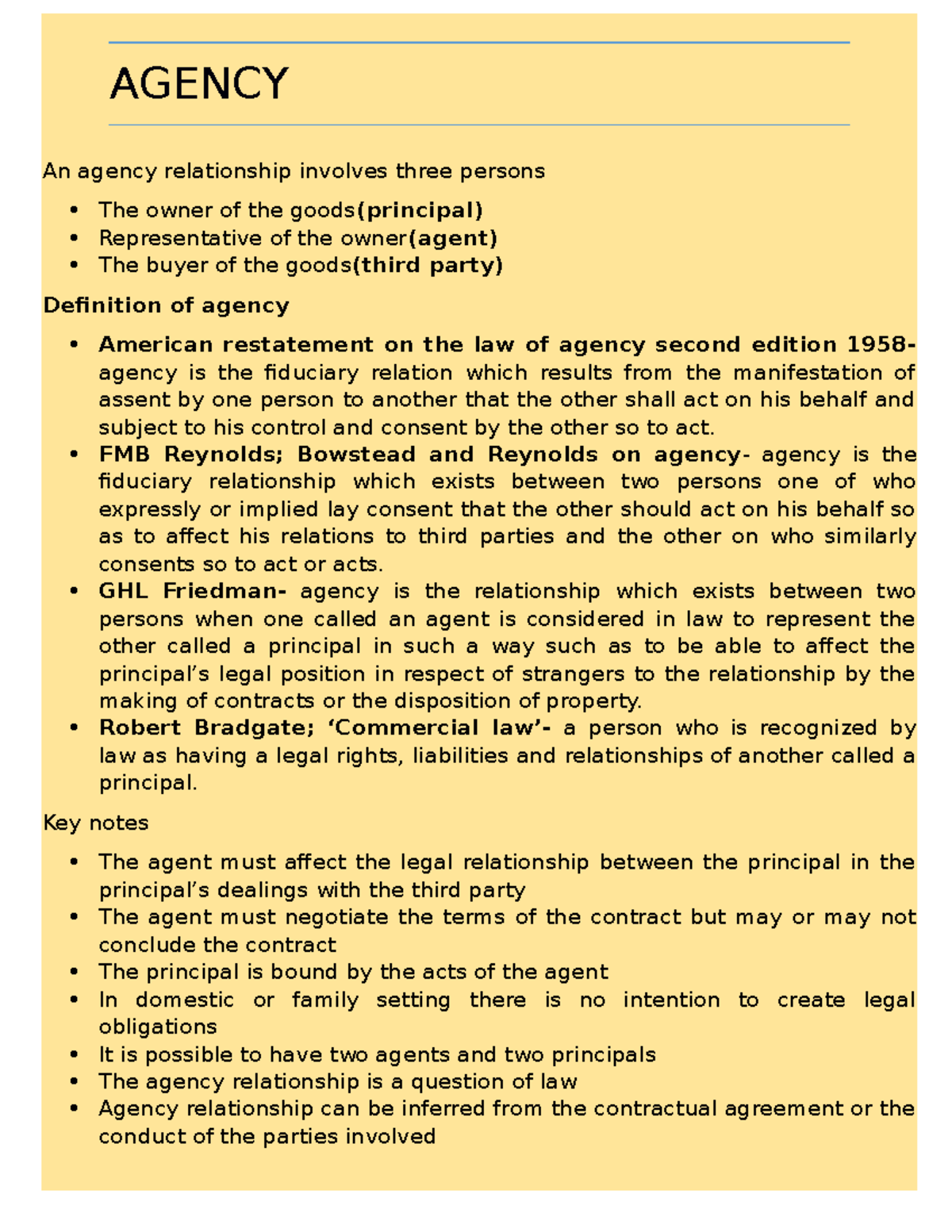 Agency Notes: Understanding Relationships, Rights, and Types - Studocu