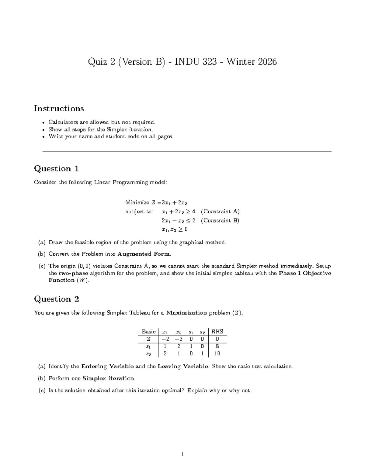 Quiz 2 (Version B) INDU 323 Winter 2026 - Simplex Method Practice - Studocu