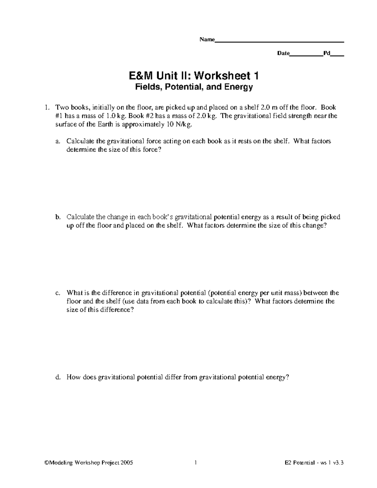 Unit 11 - E&M Worksheet 1: Fields, Potential, and Energy Concepts - Studocu