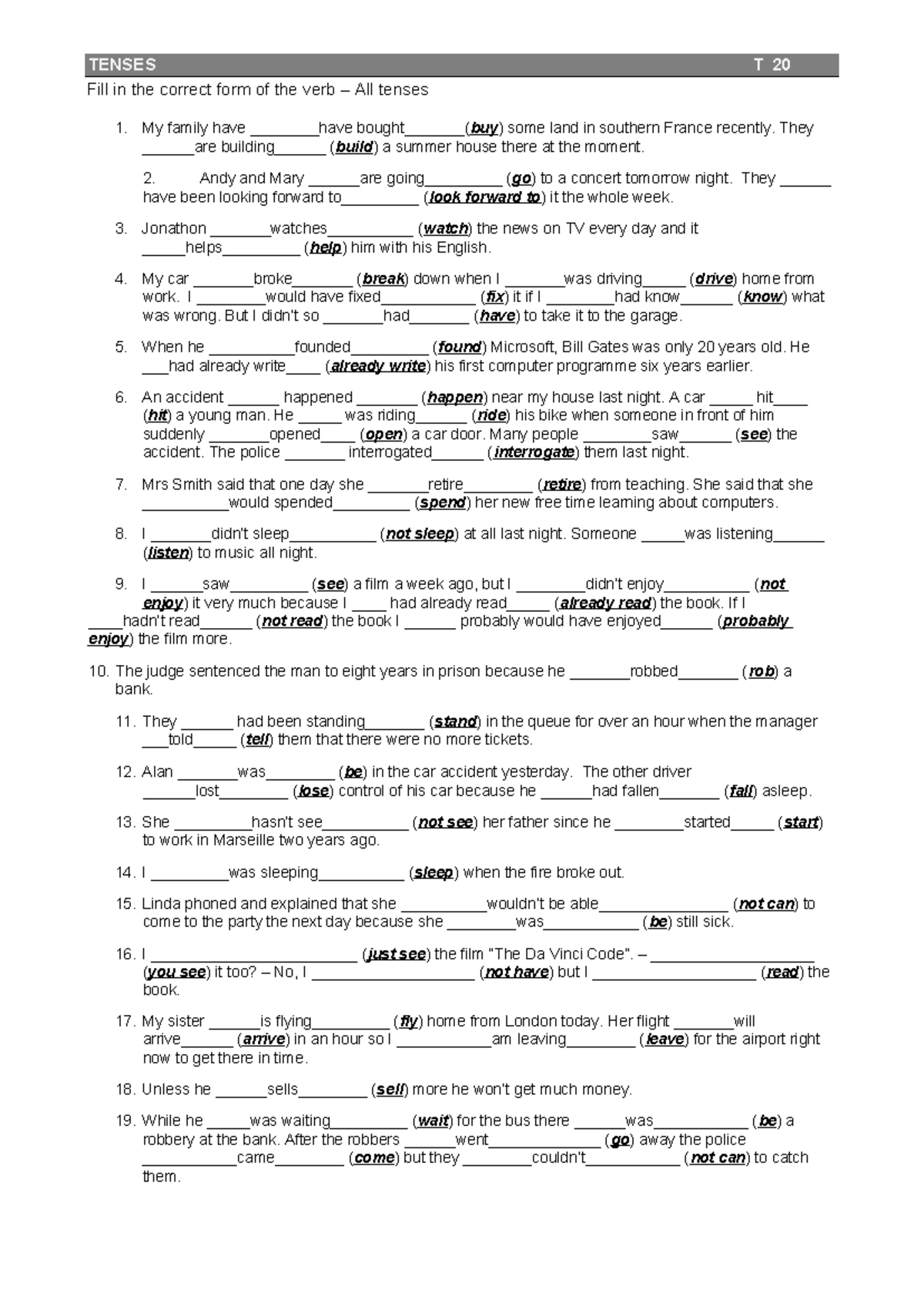 T 20: Fill in the Correct Verb Forms for All Tenses Exercise - Studocu