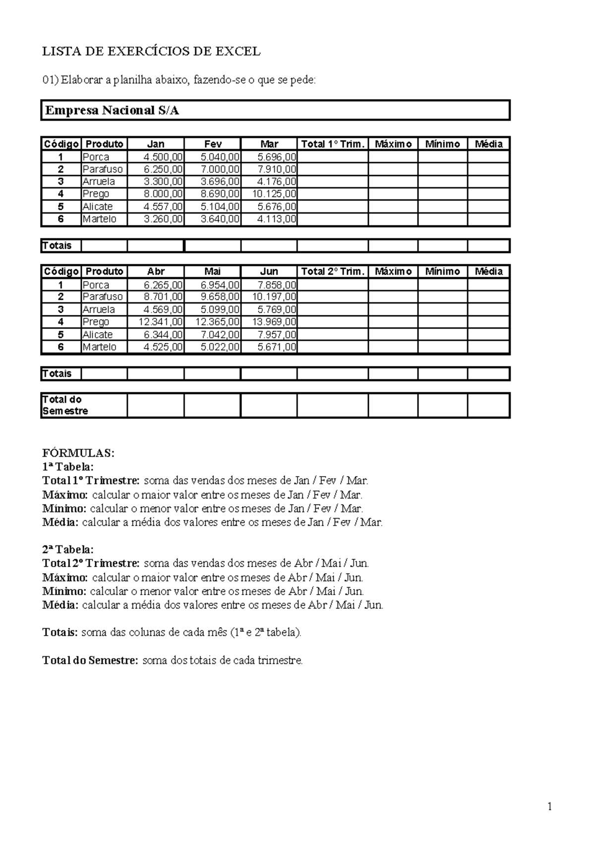 LISTA DE EXERCÍCIOS DE EXCEL - ANÁLISE DE DADOS E FÓRMULAS - Studocu
