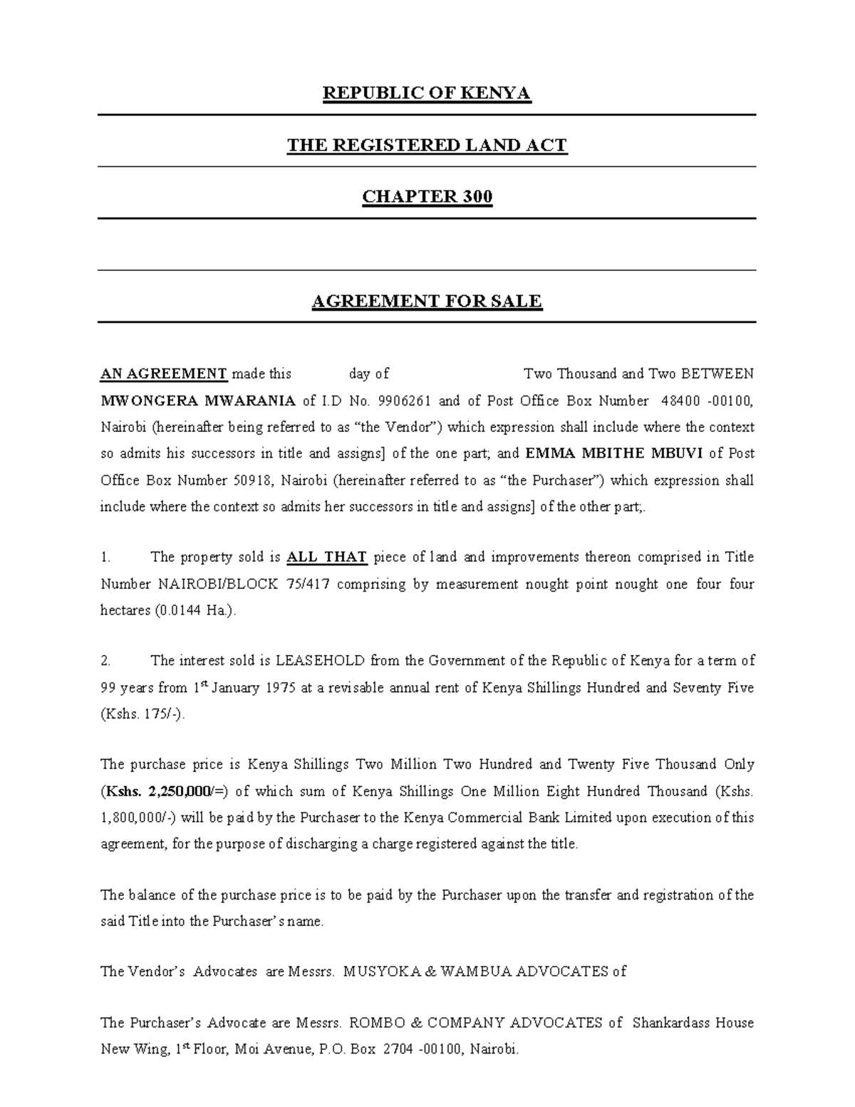 Agreement for Sale - Land Title NAIROBI/BLOCK 75/417 Document - Studocu