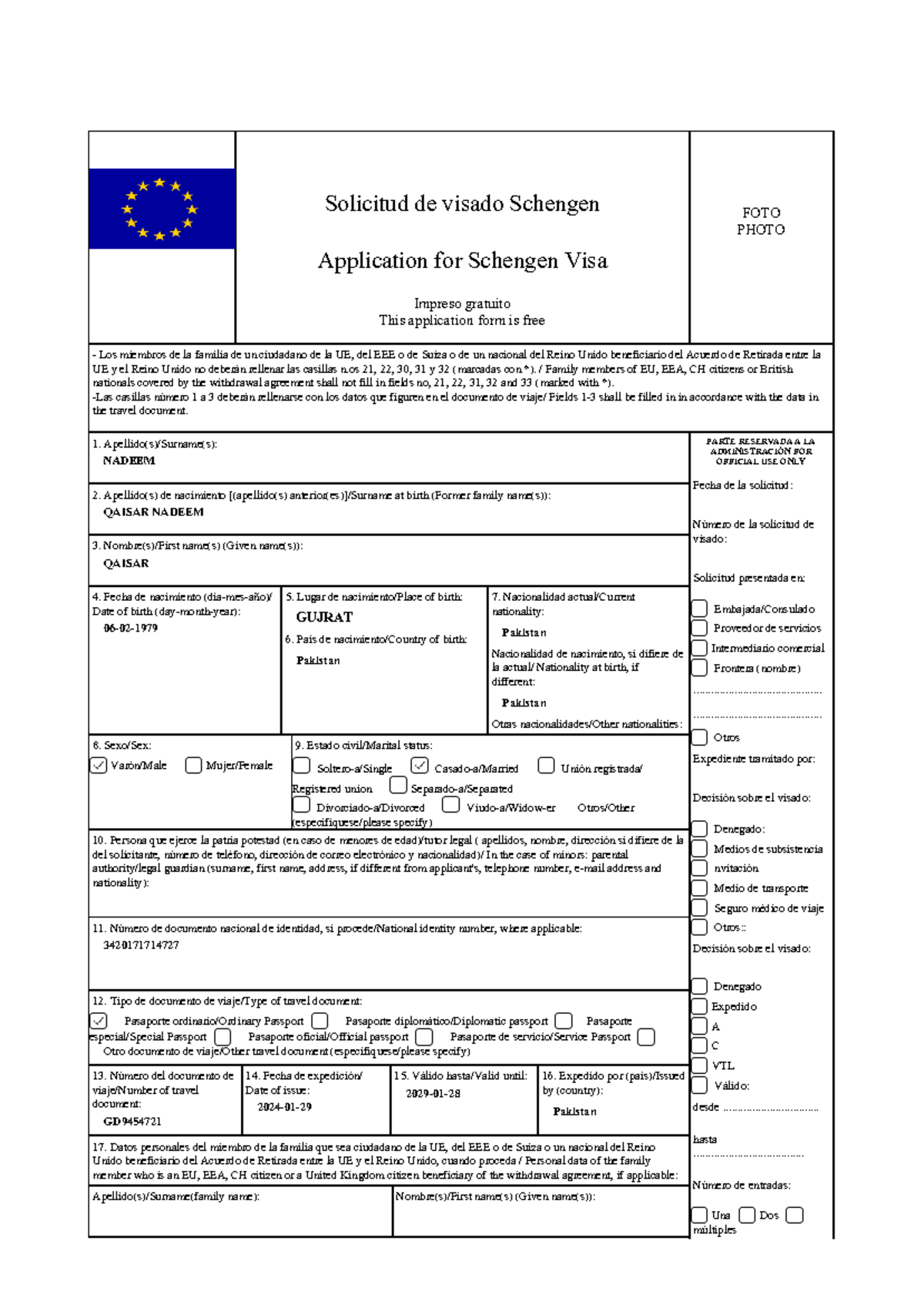 Solicitud de Visado Schengen - Qaisar Nadeem - Studocu