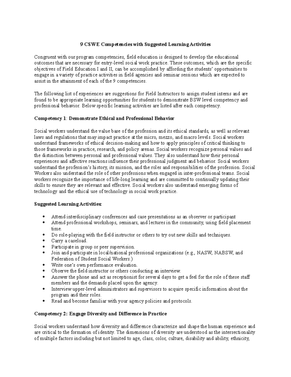 9-CSWE Competencies & Learning Activities for Field Education - Studocu