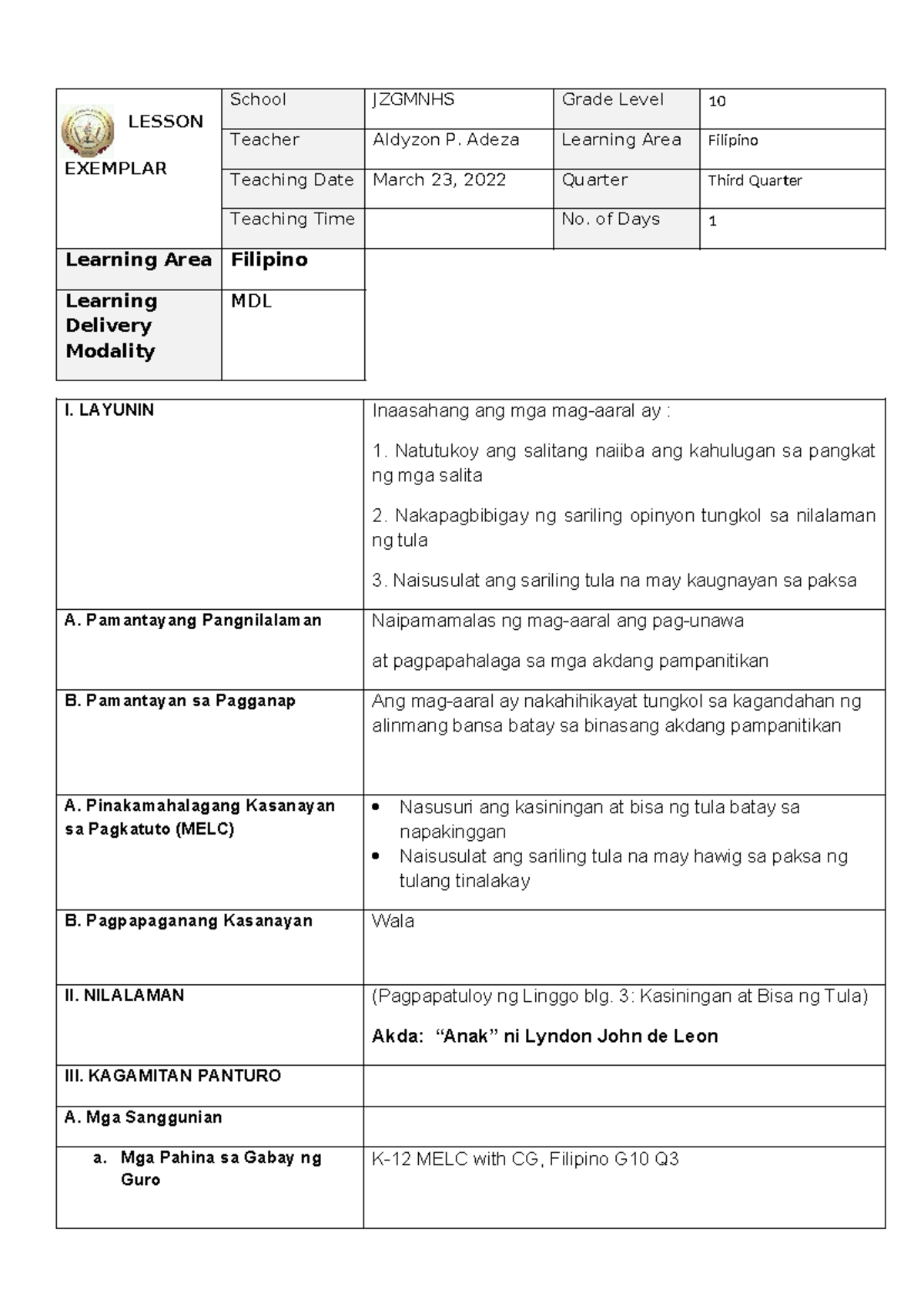 LESSON EXEMPLAR Filipino G10 Q3: Pagsusuri ng Tula at Pagsulat - Studocu