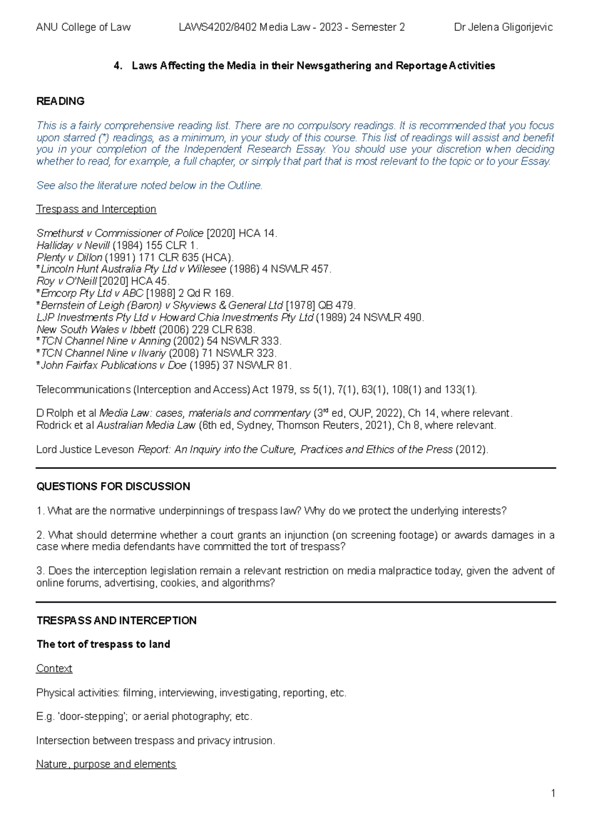 4(b). Media Laws on Trespass & Interception: Key Outline & Discussion ...