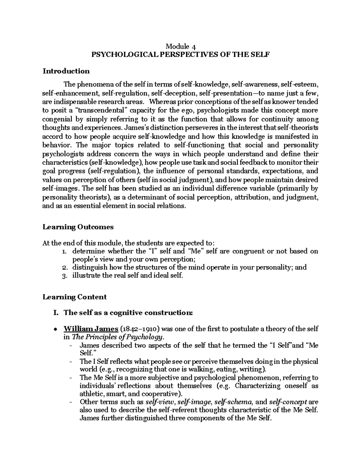 UTS- Module 4 - Psychological Perspectives on the Self - Studocu